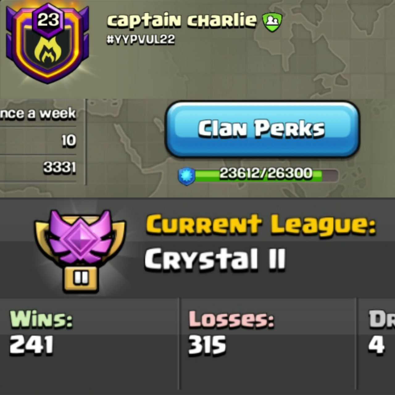 🔥Crystal 2 🏆 Captain Charlie🐺 💥 LVL- 23 ☠️ Warlog 241-315 👑 Clan Capit ...